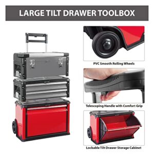 BIG RED TRJF-C305ABD Torin Garage Workshop Organizer: Portable Steel and Plastic Stackable Rolling Upright Trolley Tool Box with 3 Drawers, Red