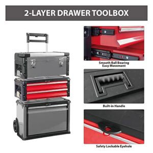 BIG RED TRJF-C305ABD Torin Garage Workshop Organizer: Portable Steel and Plastic Stackable Rolling Upright Trolley Tool Box with 3 Drawers, Red