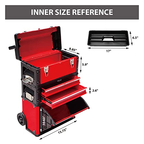 BIG RED TRJF-C305ABD Torin Garage Workshop Organizer: Portable Steel and Plastic Stackable Rolling Upright Trolley Tool Box with 3 Drawers, Red