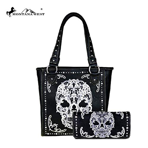 Montana West Sugar Skull Concealed Carry Tote and Wallet Set MBB-MW494G-8113-W002-BK-MUTI