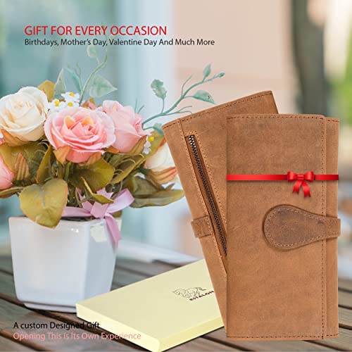 ESTALON Real Leather Wallets for Women RFID - Long Wallet Women's Ladies Clutch Zipper Pocket Multi Credit Card Case Holder Girls