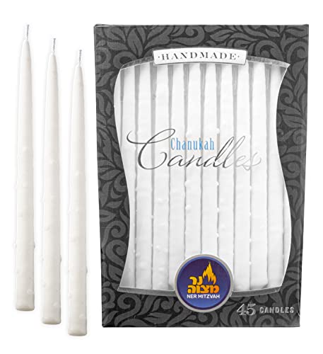 Dripless Chanukah Candles Standard Size - Textured White Hanukkah Candles - Fits Most Menorahs - Premium Quality Wax - 45 Count for All 8 Nights of Hanukkah - by Ner Mitzvah