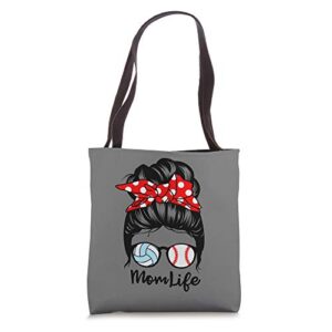 mom life messy bun hair funny baseball volleyball mom tote bag