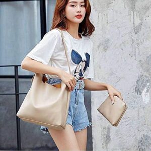 Women Fashion One Shoulder Bag Soft Pu Leather Hobo bag Set 2pcs Wallets (Apricot)