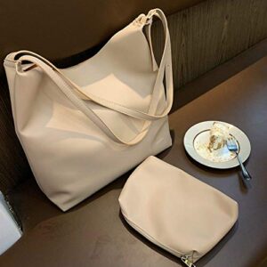 Women Fashion One Shoulder Bag Soft Pu Leather Hobo bag Set 2pcs Wallets (Apricot)