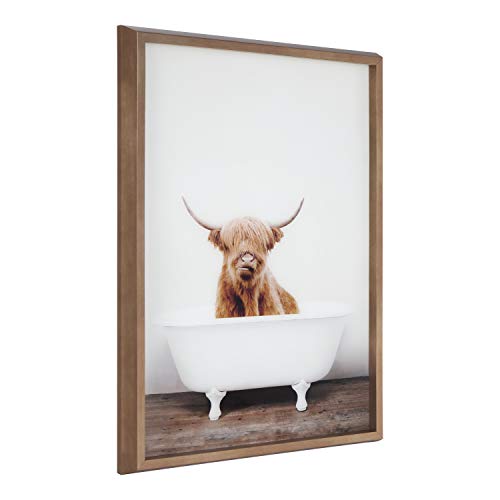 Kate and Laurel Blake Highland Cow in Tub Framed Printed Glass Art by Amy Peterson, 18x24 Dark Gold, Beautiful Modern Glass Wall Art for Home