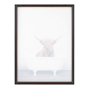 Kate and Laurel Blake Highland Cow in Tub Framed Printed Glass Art by Amy Peterson, 18x24 Dark Gold, Beautiful Modern Glass Wall Art for Home