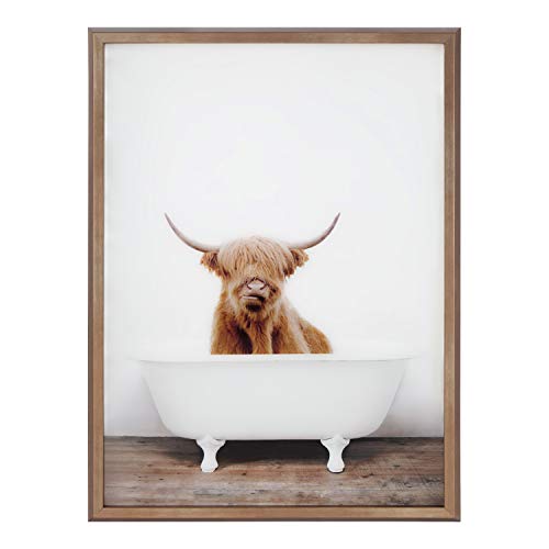 Kate and Laurel Blake Highland Cow in Tub Framed Printed Glass Art by Amy Peterson, 18x24 Dark Gold, Beautiful Modern Glass Wall Art for Home