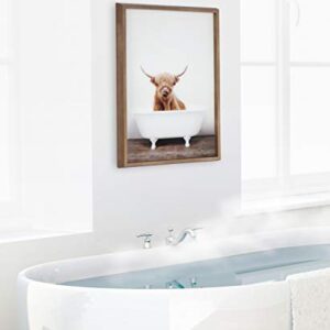 Kate and Laurel Blake Highland Cow in Tub Framed Printed Glass Art by Amy Peterson, 18x24 Dark Gold, Beautiful Modern Glass Wall Art for Home