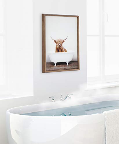 Kate and Laurel Blake Highland Cow in Tub Framed Printed Glass Art by Amy Peterson, 18x24 Dark Gold, Beautiful Modern Glass Wall Art for Home