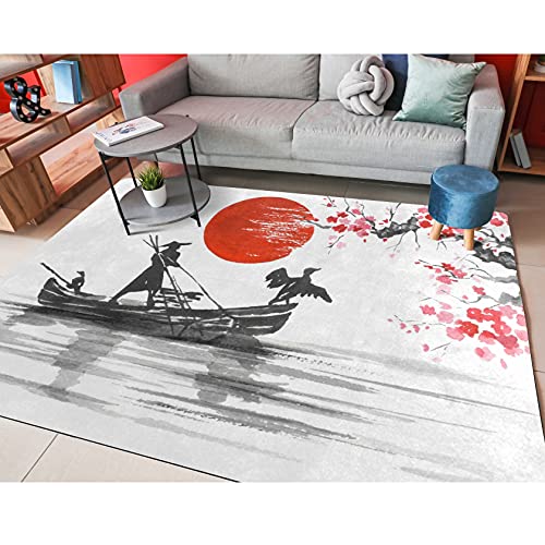 ALAZA Japanese Painting Mountain Landscape Sun Cherry Tree Non Slip Area Rug 5' x 7' for Living Dinning Room Bedroom Kitchen Hallway Office Modern Home Decorative