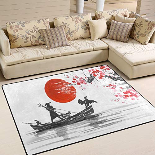 ALAZA Japanese Painting Mountain Landscape Sun Cherry Tree Non Slip Area Rug 5' x 7' for Living Dinning Room Bedroom Kitchen Hallway Office Modern Home Decorative