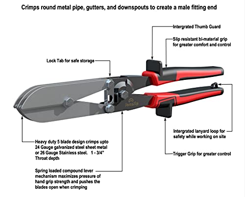 JOUNJIP 5-Blade Sheet Metal Crimper- Hand Crimper HVAC Tool for 24-28 Gauge Ductwork Downspout and Stove Pipe