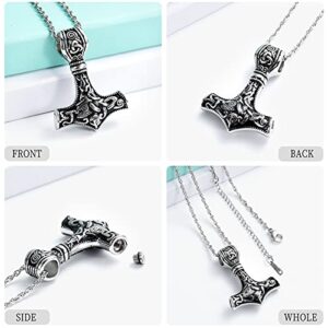 shajwo Cremation Jewelry Viking Hammer Urn Necklace for Ashes for Men Women Celtic Nordic Mjolnir Thors Cremation Jewelry Keepsake Memorial Ashes Pendant,Silver