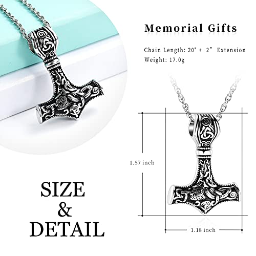 shajwo Cremation Jewelry Viking Hammer Urn Necklace for Ashes for Men Women Celtic Nordic Mjolnir Thors Cremation Jewelry Keepsake Memorial Ashes Pendant,Silver