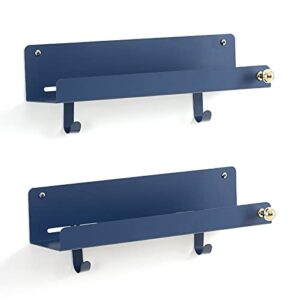 elsker&home blue floating shelves for wall mounted,decorative metal shelf with 4 hooks，modern floating bookshelf set of 2 pack，15.8”lx4”wx3.6”h