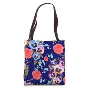 western pioneer country woman pansy floral pattern with blue tote bag