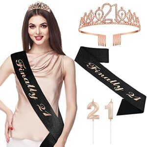 finally 21 sash rhinestone tiara set 21st rose gold birthday sash crown birthday candles birthday crown kit for women 21st birthday party decoration anniversary celebration supplies