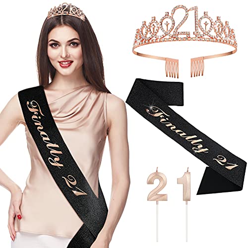 Finally 21 Sash Rhinestone Tiara Set 21st Rose Gold Birthday Sash Crown Birthday Candles Birthday Crown Kit for Women 21st Birthday Party Decoration Anniversary Celebration Supplies