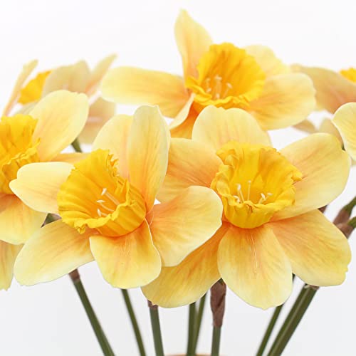 Hananona 10 Pcs Artificial Daffodil Flowers Real Touch Yellow Narcissus Spring Flower Fake Silk Flower Arrangement for Home Wedding Decor (Yellow, 10)