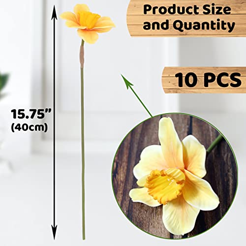 Hananona 10 Pcs Artificial Daffodil Flowers Real Touch Yellow Narcissus Spring Flower Fake Silk Flower Arrangement for Home Wedding Decor (Yellow, 10)