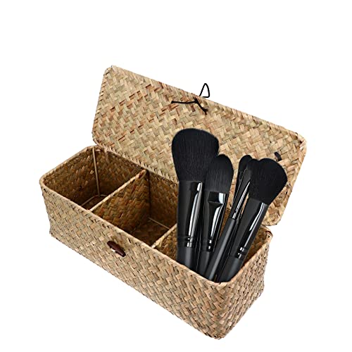 IMIKEYA Rattan Basket with Lid 3 Compartment Storage Bin Desktop Makeup Sundries Organizer Rustic Storage Organizer for Table Stationery Supplies