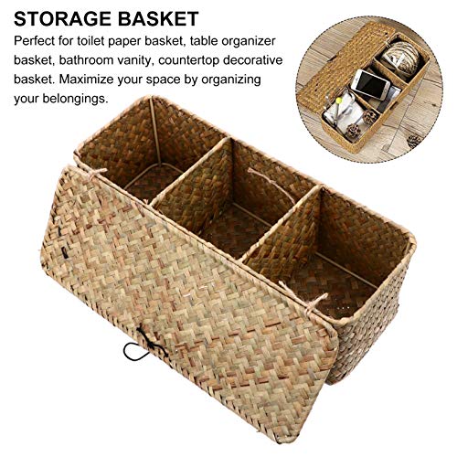 IMIKEYA Rattan Basket with Lid 3 Compartment Storage Bin Desktop Makeup Sundries Organizer Rustic Storage Organizer for Table Stationery Supplies