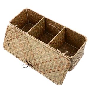 IMIKEYA Rattan Basket with Lid 3 Compartment Storage Bin Desktop Makeup Sundries Organizer Rustic Storage Organizer for Table Stationery Supplies