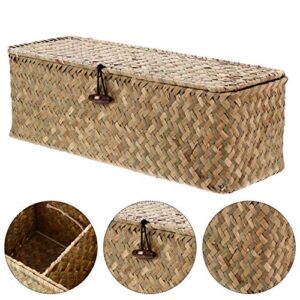 IMIKEYA Rattan Basket with Lid 3 Compartment Storage Bin Desktop Makeup Sundries Organizer Rustic Storage Organizer for Table Stationery Supplies