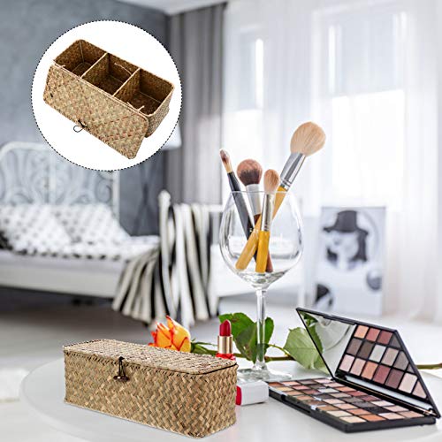 IMIKEYA Rattan Basket with Lid 3 Compartment Storage Bin Desktop Makeup Sundries Organizer Rustic Storage Organizer for Table Stationery Supplies