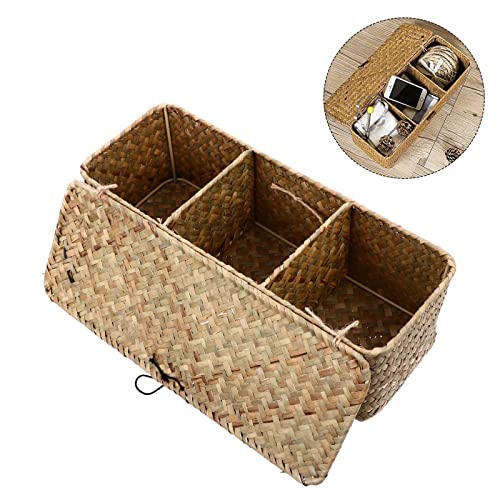 IMIKEYA Rattan Basket with Lid 3 Compartment Storage Bin Desktop Makeup Sundries Organizer Rustic Storage Organizer for Table Stationery Supplies