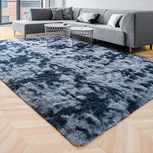 ISEAU Super Soft Rugs for Bedroom Shaggy Area Rug, 4x6 Feet Tie-Dye Shaggy Area Rug Fluffy Rugs for Living Room, Non-Slip Abstract Fuzzy Rugs Dorm Shag Rugs for Girls Boys Kids Room, Dark Blue