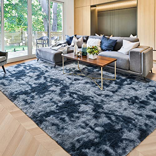 ISEAU Super Soft Rugs for Bedroom Shaggy Area Rug, 4x6 Feet Tie-Dye Shaggy Area Rug Fluffy Rugs for Living Room, Non-Slip Abstract Fuzzy Rugs Dorm Shag Rugs for Girls Boys Kids Room, Dark Blue