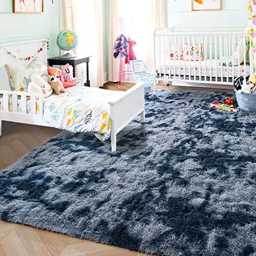 ISEAU Super Soft Rugs for Bedroom Shaggy Area Rug, 4x6 Feet Tie-Dye Shaggy Area Rug Fluffy Rugs for Living Room, Non-Slip Abstract Fuzzy Rugs Dorm Shag Rugs for Girls Boys Kids Room, Dark Blue