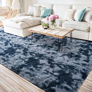 ISEAU Super Soft Rugs for Bedroom Shaggy Area Rug, 4x6 Feet Tie-Dye Shaggy Area Rug Fluffy Rugs for Living Room, Non-Slip Abstract Fuzzy Rugs Dorm Shag Rugs for Girls Boys Kids Room, Dark Blue