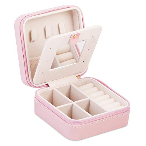 A&A Jewelry Organizer Travel Box - Portable Mirror Jewelry Storage Case Pink