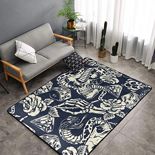 SWEET TANG Area Old School Tattoo Rose Skull Snake Dice Rug Soft Anti-Skid Floor Carpet Bedroom Rug Flannel Carpet Non-Slip Home Decor Durable Bedside Rug Premium Play Mat, 60x39