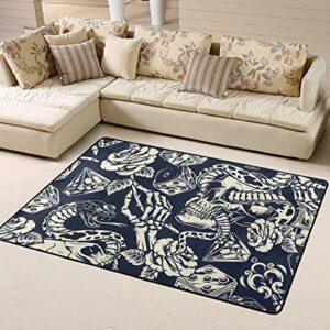 SWEET TANG Area Old School Tattoo Rose Skull Snake Dice Rug Soft Anti-Skid Floor Carpet Bedroom Rug Flannel Carpet Non-Slip Home Decor Durable Bedside Rug Premium Play Mat, 60x39