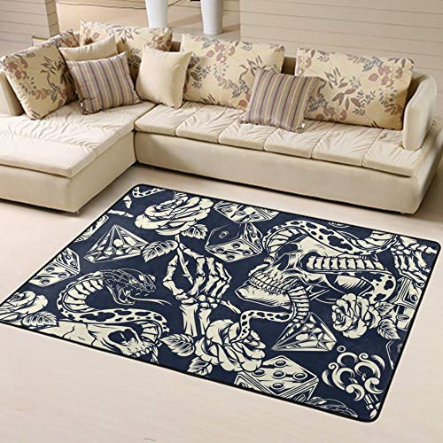 SWEET TANG Area Old School Tattoo Rose Skull Snake Dice Rug Soft Anti-Skid Floor Carpet Bedroom Rug Flannel Carpet Non-Slip Home Decor Durable Bedside Rug Premium Play Mat, 60x39