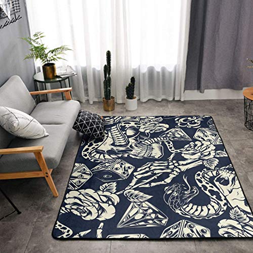 SWEET TANG Area Old School Tattoo Rose Skull Snake Dice Rug Soft Anti-Skid Floor Carpet Bedroom Rug Flannel Carpet Non-Slip Home Decor Durable Bedside Rug Premium Play Mat, 60x39