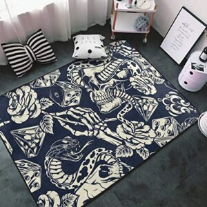 SWEET TANG Area Old School Tattoo Rose Skull Snake Dice Rug Soft Anti-Skid Floor Carpet Bedroom Rug Flannel Carpet Non-Slip Home Decor Durable Bedside Rug Premium Play Mat, 60x39