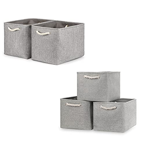 Bidtakay Baskets Set Fabric Storage Bins-Grey Bundled Baskets of 2 Large Baskets 16" X 11.8" X 11.8" + 3 Medium Baskets 15" X 11" X 9.5" for Closet, Shelves