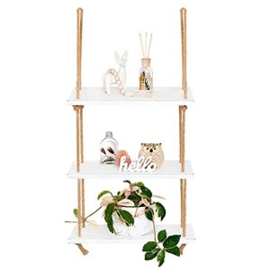 mkono hanging shelves 3 tier white wood wall mount floating shelf with rope boho decor for living room bathroom bedroom kitchen apartment – rustic wood decorative storage shelf