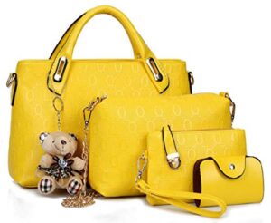 gjgjter women synthetic pu leather tote handbag wallet 4pcs set clutch purse satchels with bear pendant-yellow