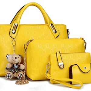 GJGJTER Women Synthetic PU Leather Tote Handbag Wallet 4pcs Set Clutch Purse Satchels with Bear Pendant-Yellow