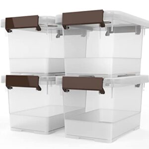 WYT 4 Quart Clear Storage Latch Bins, 4 Pack Clear Stackable Storage Organizer Box with Brown Latching Handle and Lid