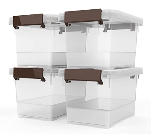 WYT 4 Quart Clear Storage Latch Bins, 4 Pack Clear Stackable Storage Organizer Box with Brown Latching Handle and Lid