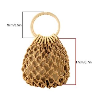 Ayliss Women Mini Clutch Tote Handbag Top-handle Bucket Drawstring Handbag Summer Beach Woven Handmade Fishing Net Bag Pouch Purse (Light Khaki, Mini)