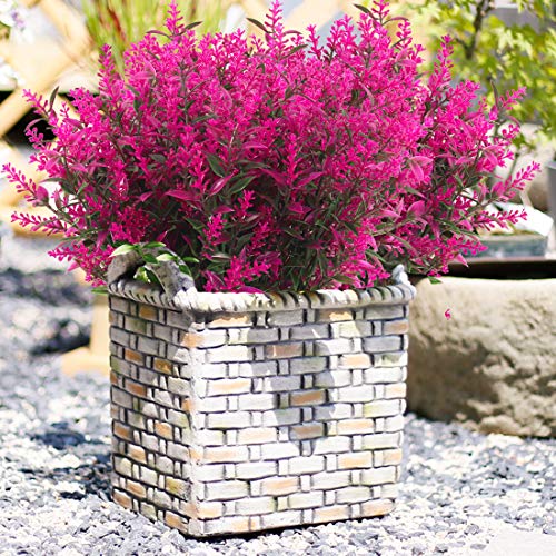 RECUTMS 8 Bundles Artificial Flowers Fake Outdoor Plants Faux UV Resistant Lavender Flower Plastic Shrubs Indoor Outside Hanging Decorations (Fuchsia)