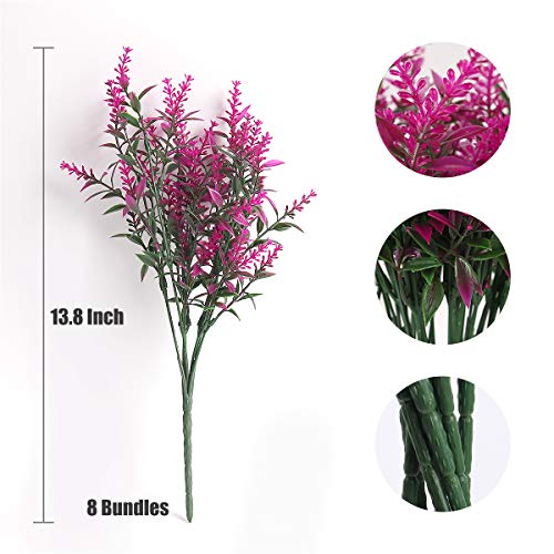 RECUTMS 8 Bundles Artificial Flowers Fake Outdoor Plants Faux UV Resistant Lavender Flower Plastic Shrubs Indoor Outside Hanging Decorations (Fuchsia)